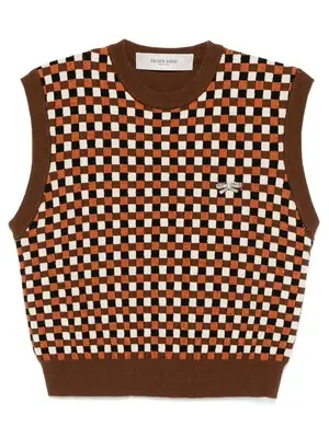 GOLDEN GOOSE Roby Vest In Checked Wool Knit - Brown