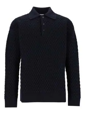 Bottega Veneta Woven Wool Sweater With Classic Collar & Button Closure - Blu