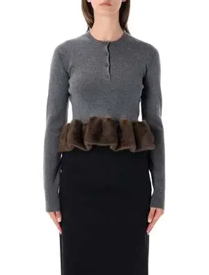 Stella McCartney Wool Blend Peplum Sweater With Eco-fur Hem And Partial Button Placket - Grigio