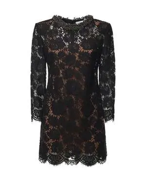 SELF-PORTRAIT Long Sleeve Lace Mini Dress With Embellished Neckline