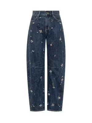 SELF-PORTRAIT Embroidered Utility Jeans With Pleated Detailing - Blue