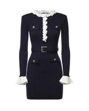 SELF-PORTRAIT Floral Trim Ribbed Knit Mini Dress With Belt - Navy