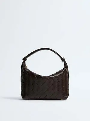 Bottega Veneta Leather Intrecciato Mini Shoulder Handbag With Adjustable Snap Strap, Zip Closure, 20 X 13 X 9.5 Cm - Marrone