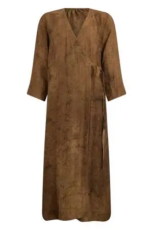 UMA WANG Wrap Maxi Dress With Three-quarter Sleeves And V-neck - Camel