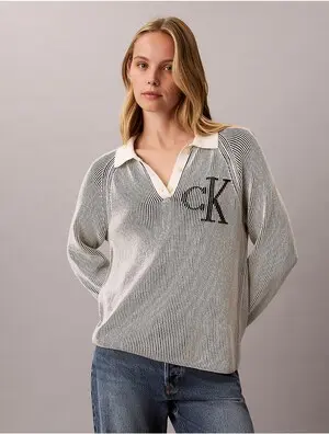 Calvin Klein Bicolor Rib Monogram Polo Sweater