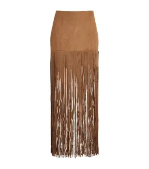 TOCCIN Faux Leather Fringe Soren Midi Skirt - Brown
