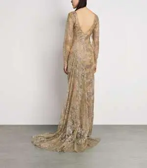 SANDRA MANSOUR Embellished Long-sleeve Gown