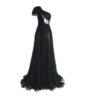 SANDRA MANSOUR Tulle One-shoulder Gown - Black