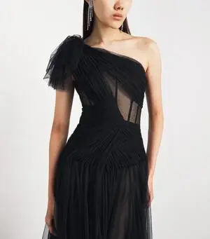 SANDRA MANSOUR Tulle One-shoulder Gown