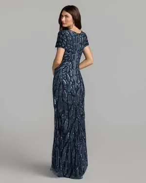 Mac Duggal Blue Embellished Deep V Column Gown