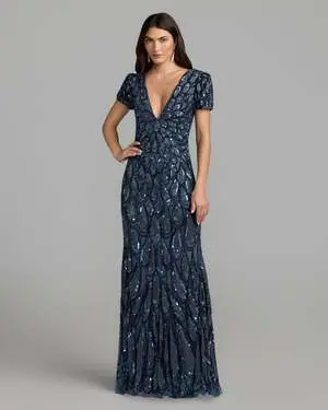 Mac Duggal Blue Embellished Deep V Column Gown