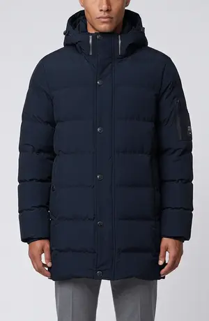 POINT ZERO Long Hooded Puffer Jacket With Sleeve Pocket - Navy