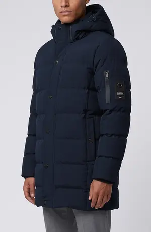 POINT ZERO Long Hooded Puffer Jacket With Sleeve Pocket - Navy