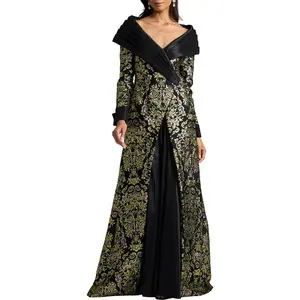 Tadashi Shoji Metallic Floral Jacquard Long Sleeve Gown - Gold/multi