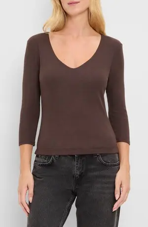 Michael Stars Callie V-neck Rib-knit T-shirt - Molasses