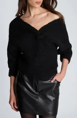 KENNETH COLE Asymmetrical Drape Neck Chunky Sweater - Black