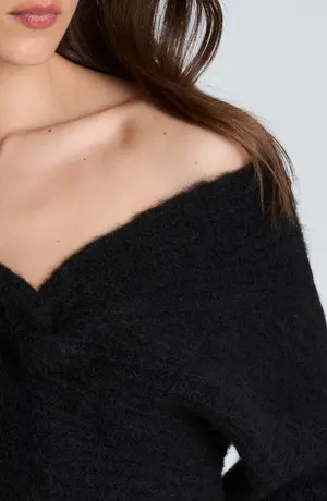 KENNETH COLE Asymmetrical Drape Neck Chunky Sweater - Black