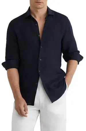 REISS Ruban Linen Button-up Shirt - Navy