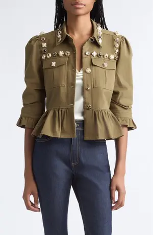 Cinq À Sept Delanie" Mixed Button Embellished Peplum Jacket - Dark Olive