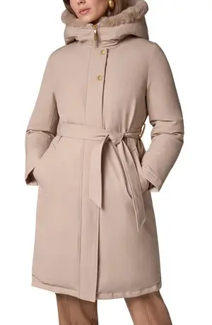 Donna Karan New York Belted Hooded Coat With Faux Fur Trim - Barley