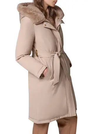Donna Karan New York Belted Hooded Coat With Faux Fur Trim - Barley