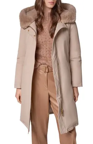 Donna Karan New York Belted Hooded Coat With Faux Fur Trim - Barley
