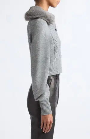 TOCCIN Rita Wool & Cashmere Cable Knit Cardigan With Faux Fur Collar - Storm