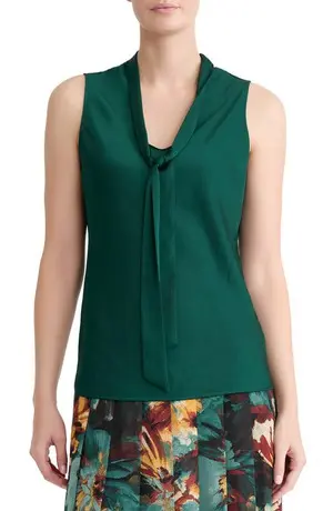 KASPER Tie Neck Sleeveless Top - Evergreen