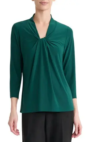 KASPER Knot Front V-neck Top - Evergreen