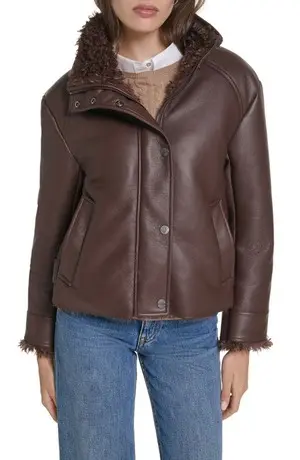 Cole Haan Faux Leather Cropped Jacket With Faux Shearling Lining
