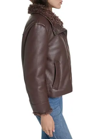Cole Haan Faux Leather Cropped Jacket With Faux Shearling Lining
