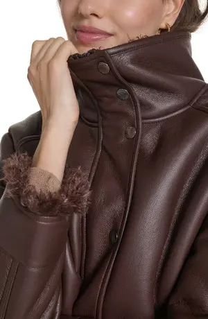 Cole Haan Faux Leather Cropped Jacket With Faux Shearling Lining