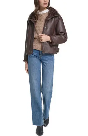 Cole Haan Faux Leather Cropped Jacket With Faux Shearling Lining