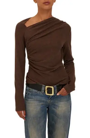 PROJECT SOCIAL T Harlow Asymmetric Neck Long Sleeve Top - Dark Mocha