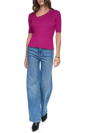 Dkny Grommet Rib Sweater - Raspberry
