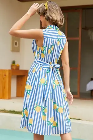 MODCLOTH Sleeveless Fit & Flare Dress With Notched Collar - Lemon Stripe
