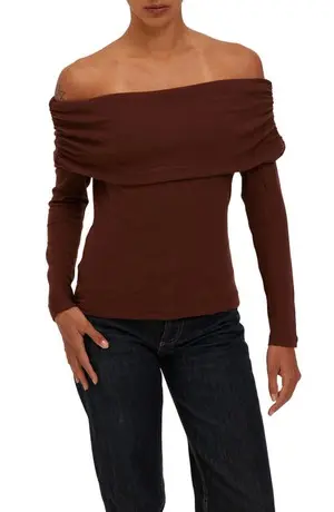 PROJECT SOCIAL T Studio City Foldover Off The Shoulder Top Dark Mocha