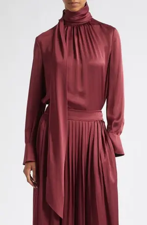 TOCCIN Veronica Tie Neck Long Sleeve Satin Top - Wine