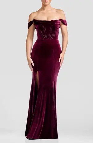 Dress The Population Melania Off-the-shoulder Velvet Gown - Dark Cherry