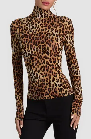 Alice + Olivia Delaina Leopard Print Long Sleeve Mock Neck Top - Spotted Leopard