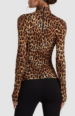 Alice + Olivia Delaina Leopard Print Long Sleeve Mock Neck Top - Spotted Leopard