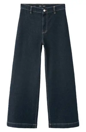 Mango High Waist Wide Leg Culotte Jeans With Frayed Hem - Open Blue