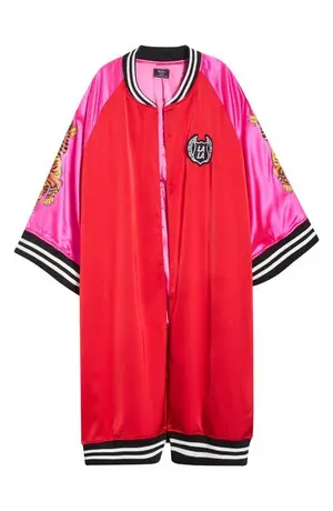 DRESSED IN LALA Colorblocked Kimono Bomber Jacket With Embroidered Sleeves