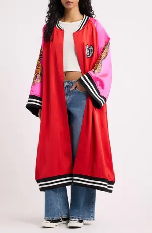 DRESSED IN LALA Colorblocked Kimono Bomber Jacket With Embroidered Sleeves - Pink/red