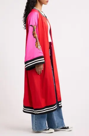 DRESSED IN LALA Colorblocked Kimono Bomber Jacket With Embroidered Sleeves