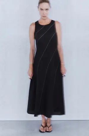 Mango Sleeveless Linen Blend Dress With Diagonal Stitching