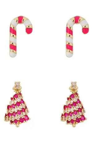 PANACEA Set Of 2 Candy Cane & Christmas Tree Stud Earrings