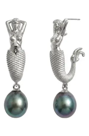 AWE INSPIRED Siren Tahitian Pearl Drop Earrings - Metallic Silver
