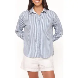 PETAL & PUP Jackson Striped Button Up Cotton Shirt - Blue Stripe