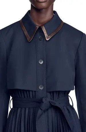 Sandro Trench With Pleated Leather Collar